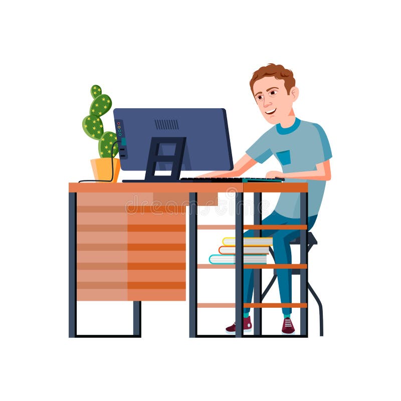 Young Man Watching Educational Webinar on Computer Cartoon Vector Stock ...