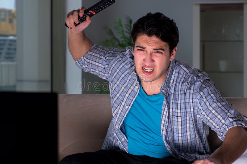The Young Man Watching Tv Late at Night Stock Photo - Image of looking ...