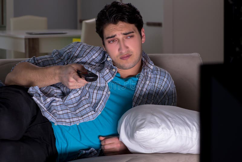 The Young Man Watching Tv Late at Night Stock Photo - Image of ...