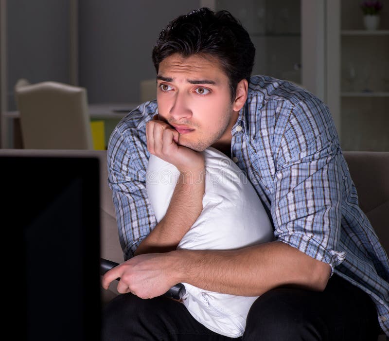 Young Man Watching Tv Late at Night Stock Image - Image of evening ...