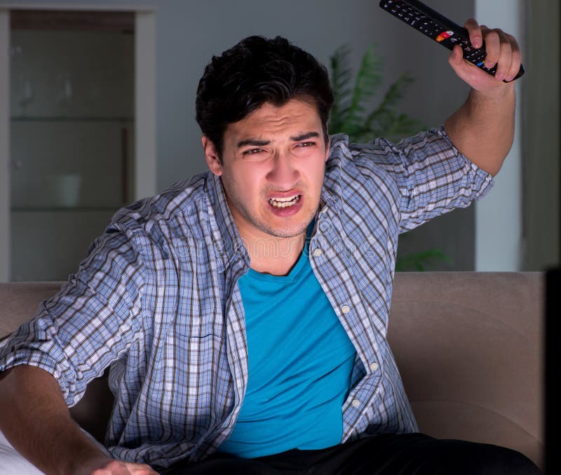 Young Man Watching Tv Late at Night Stock Image - Image of addict ...