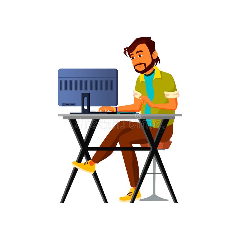 Young Man Watching Video Courses on Computer Cartoon Vector Stock ...