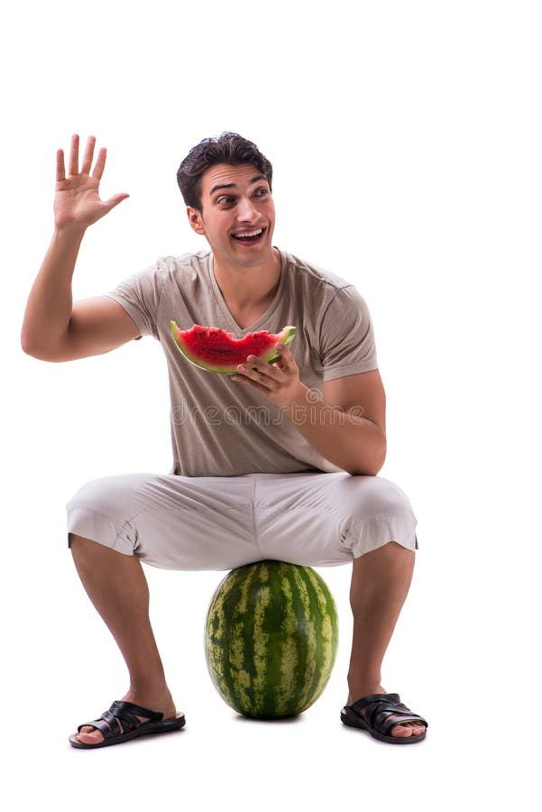 The Young Man with Watermelon Isolated on White Stock Photo - Image of ...