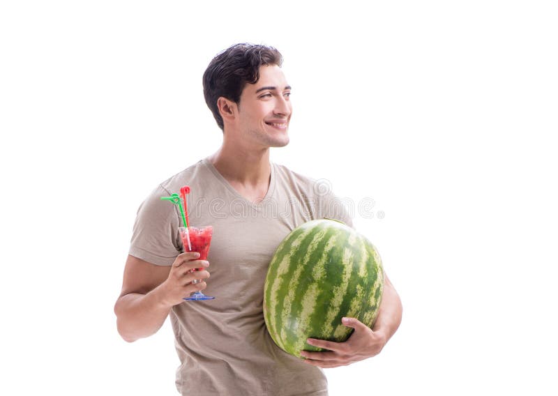 Young Man with Watermelon Isolated on White Stock Photo - Image of ...