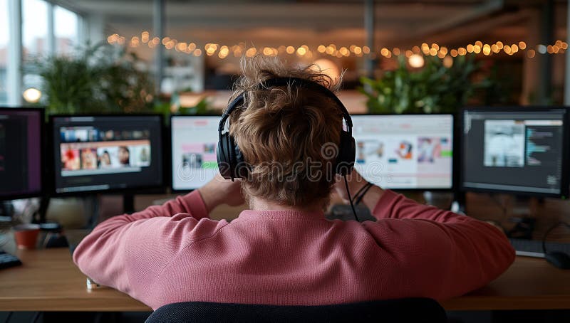 A Young Man Wearing Headphones Works Intently at His Desk, Surrounded ...