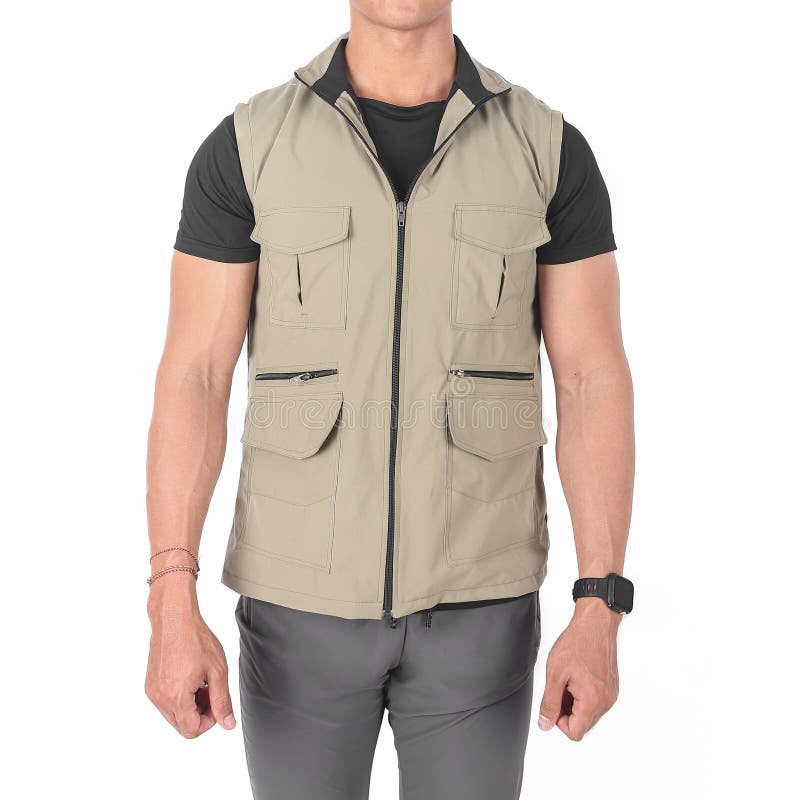 Young Man Wearing a Vest Jacket with Many Pockets Stock Photo - Image ...