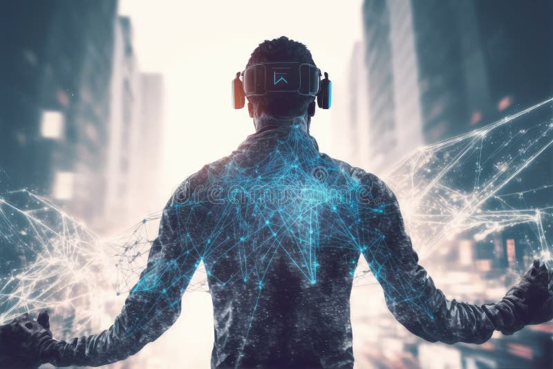 Young Man Wearing Virtual Reality Goggles Standing in Virtual World ...