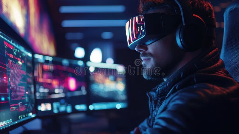 Young Man Wearing Virtual Reality Headset in Modern Gaming Setup Stock ...