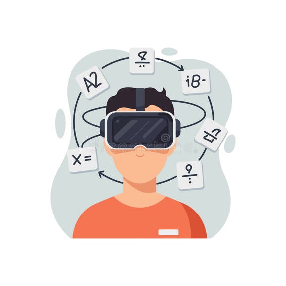 Young Man Wearing Virtual Reality Headset Solving Math Problems Flat ...