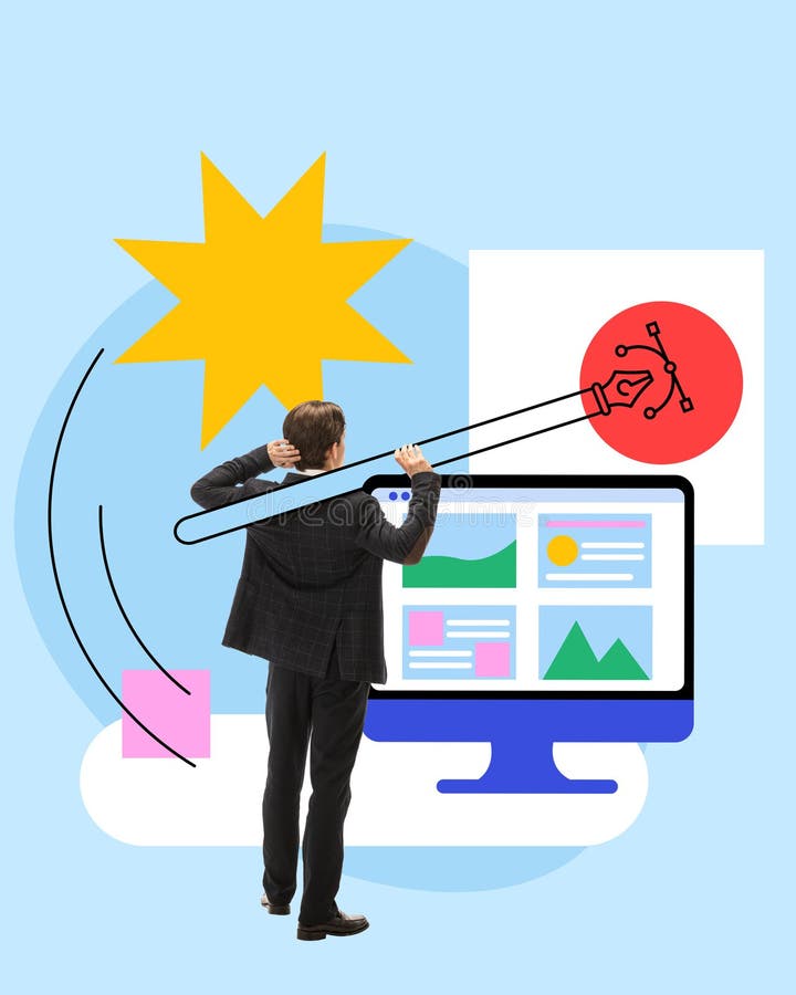 Young Man, Web Designer Working on Desktop Website Design, Thinking ...