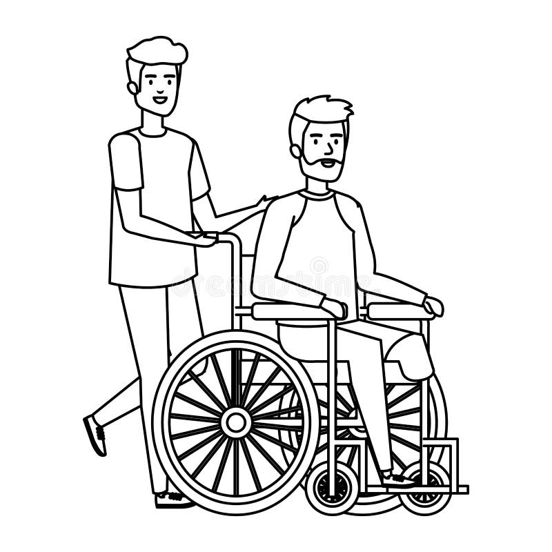 Young Man in Wheelchair with Male Helper Stock Vector - Illustration of ...