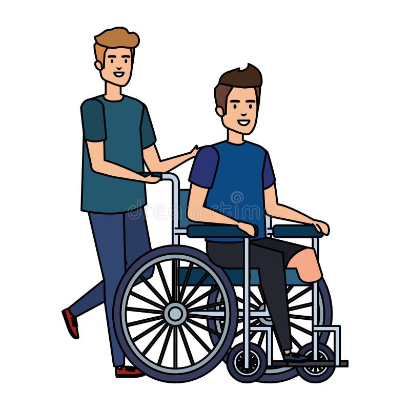 Young Man in Wheelchair with Male Helper Stock Vector - Illustration of ...