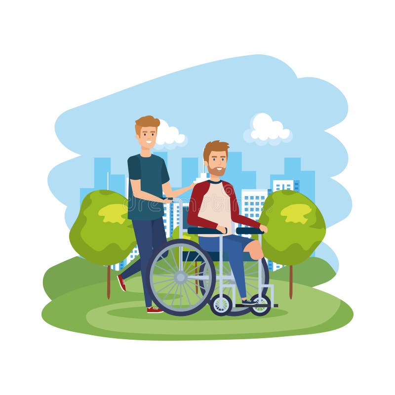 Young Man in Wheelchair with Male Helper Stock Vector - Illustration of ...