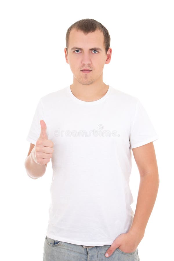 Young Man In White T Shirt Thumbs Up Isolated On White Stock Image