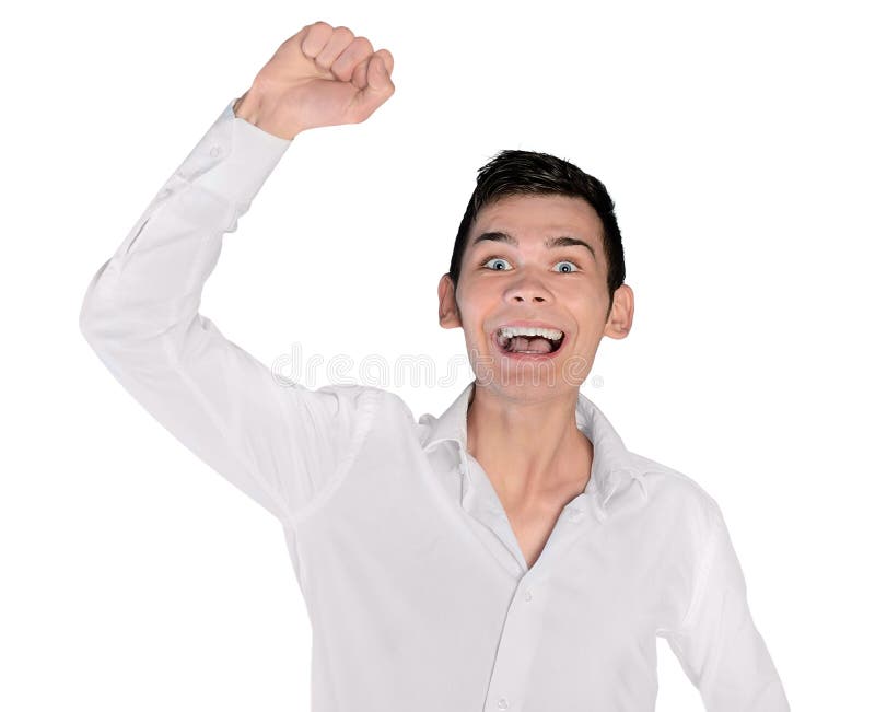 Young man winner hand up stock photo. Image of clothing - 55937528