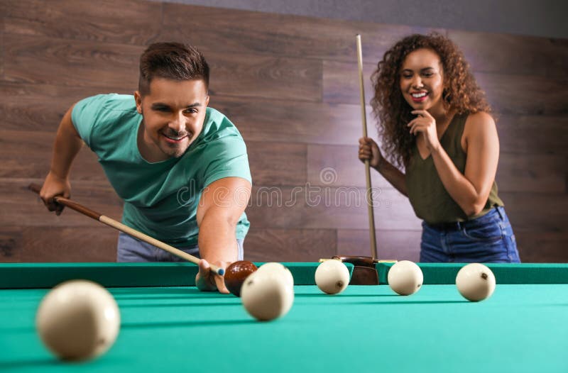 Young Man and Woman Playing Billiard Stock Photo - Image of people ...