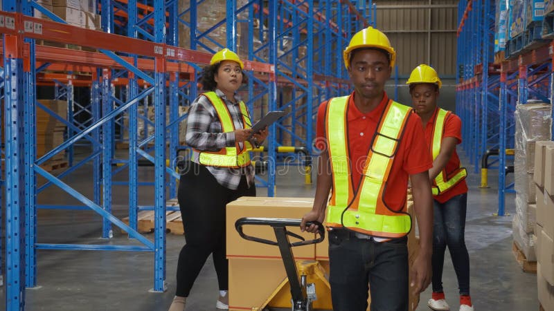 Young Man and Woman Pull and Move Cargo for Transportation and ...
