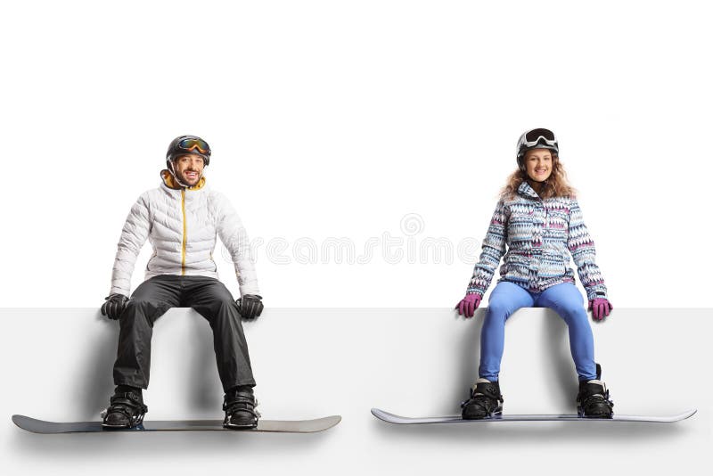 Young Man and Woman with Snowboards Sitting on a Blank Panel Stock ...