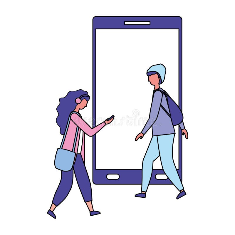 Young Man and Woman Using Mobile Device Stock Vector - Illustration of ...