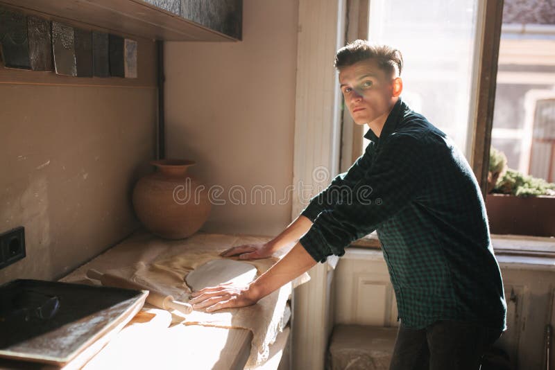 Young Man Work in His Workshop. Handsome Guy Make an Element of Decor ...
