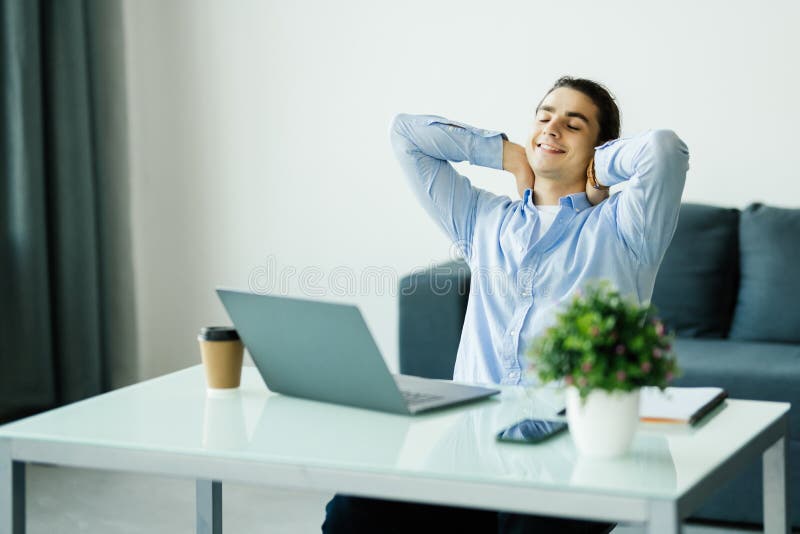 Young Man Worker Having Break and Resting after Solving Task Stock ...