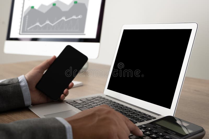 Young Man Working Businessman Using a Desktop Computer of the Blank ...