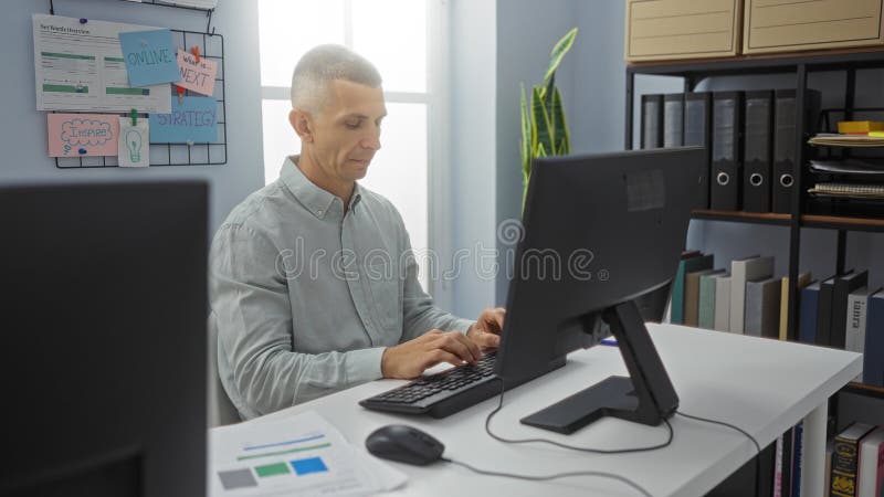 Young Man Working at Computer in Modern Office with Documents on Desk ...
