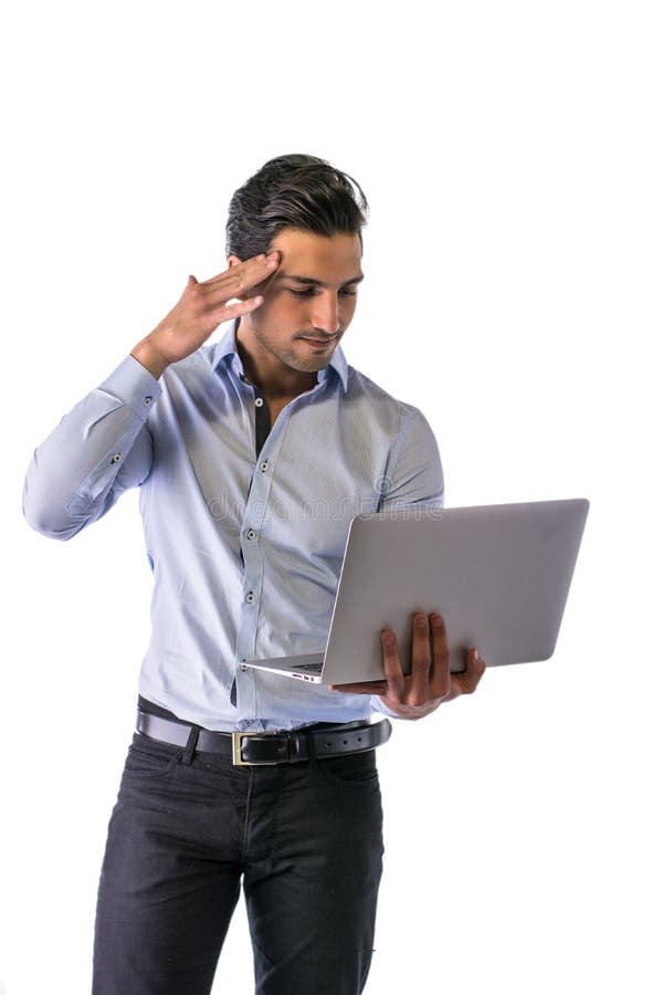 Young Man Working with Computer Standing Stock Image - Image of young ...