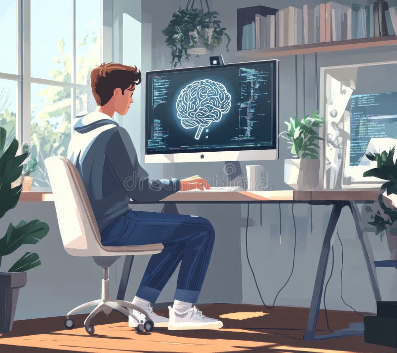 Young Man Working at Desk with Computer Displaying Brain Graphic ...