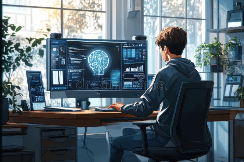 Young Man Working at a Desk with Computer Displaying Digital Interface ...