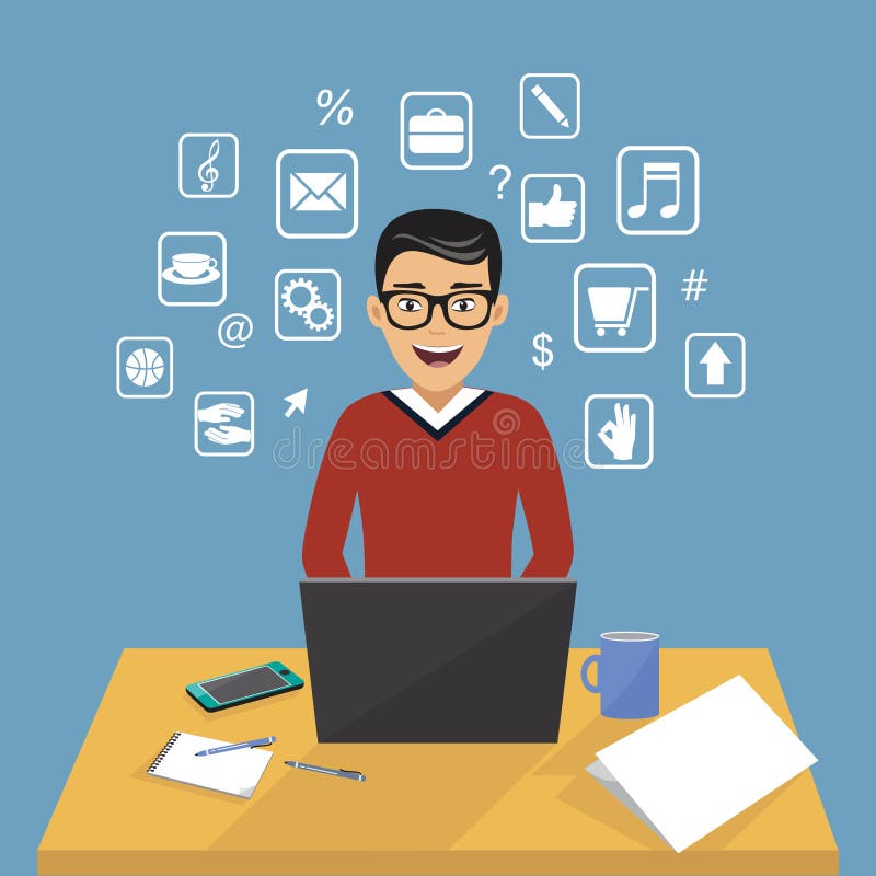 Young Man Working on His Laptop, Flat Style Editorial Image ...