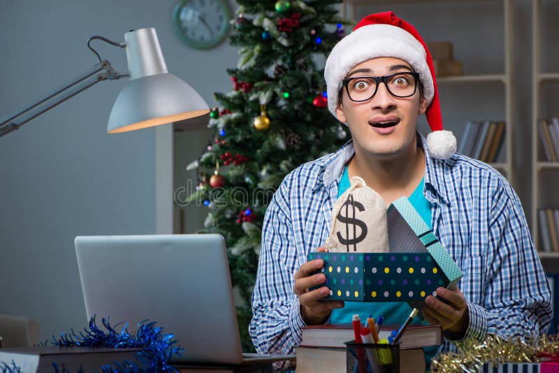 The Young Man Working at Home on Christmas Day Stock Photo - Image of ...