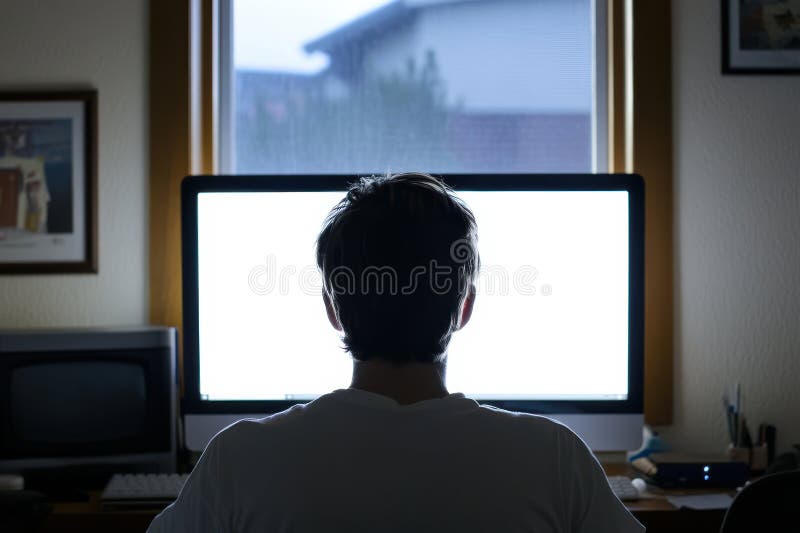 Young Man Working from Home Using Desktop Computer at Night Stock ...