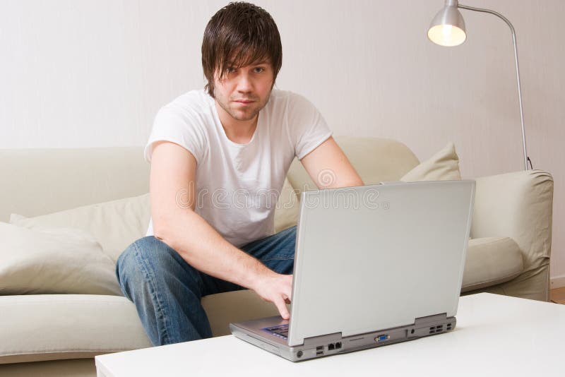 Young Man Working at Computer Stock Image - Image of preparring, online ...