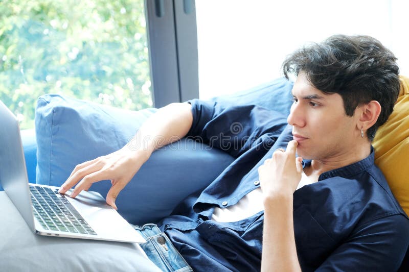 Young Man Working with Laptop Computer at Home, Work from Home, Online ...