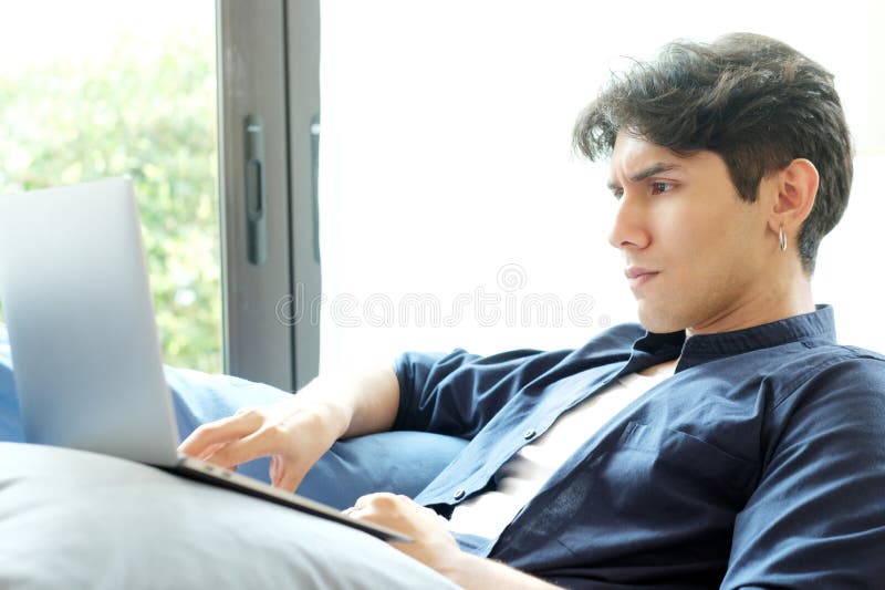 Young Man Working with Laptop Computer at Home, Work from Home, Online ...