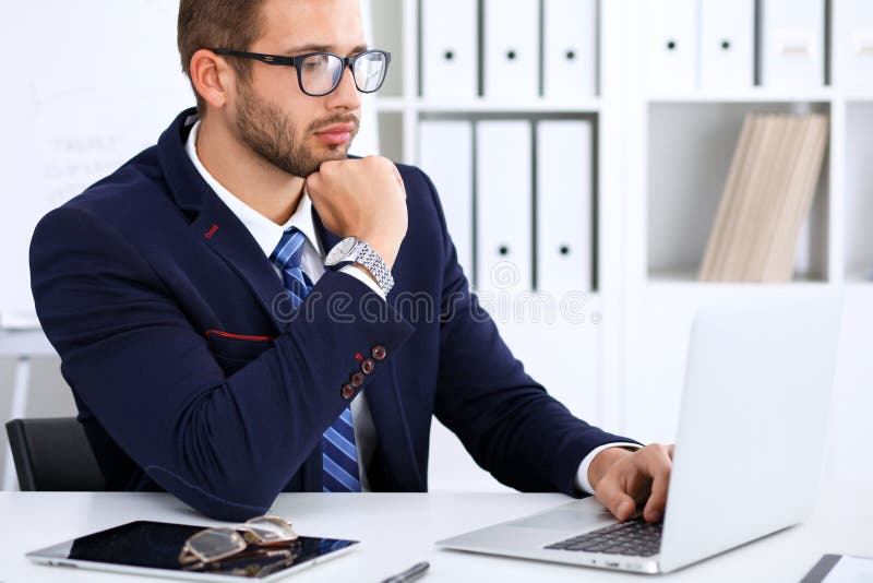 Young Man Working with Laptop Computer, Man`s Hands on Notebook ...