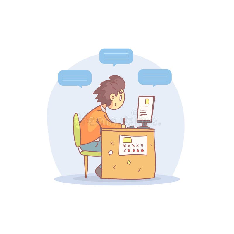 Young Man Working with Laptop Computer with Speech Bubbles Cartoon ...