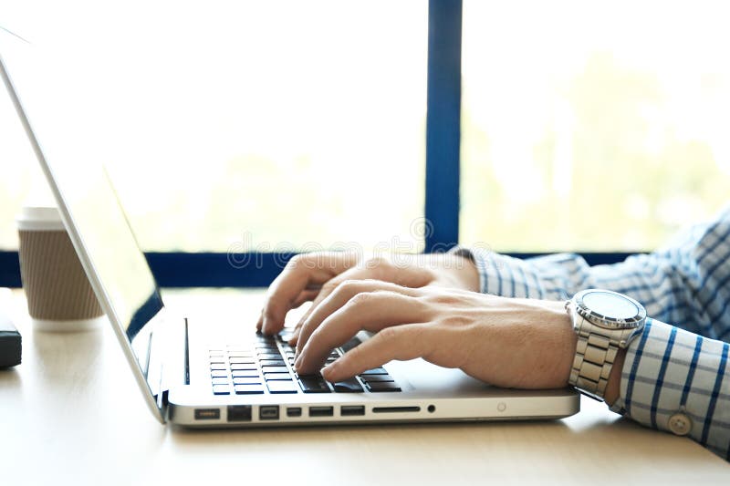 Young Man Working with Laptop, Man S Hands on Notebook Computer Stock ...