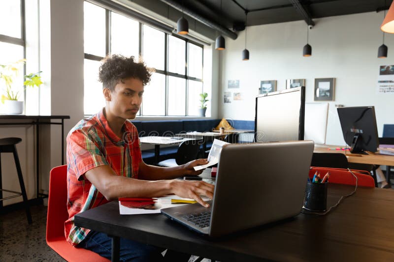 Young Man Working Laptop Modern Office Focusing Project Tasks Stock ...