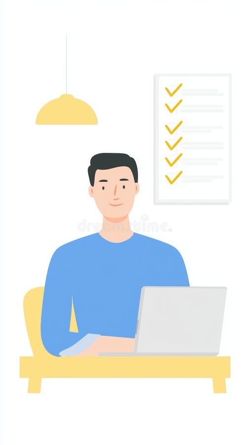 Young Man Working on Laptop in Modern Workspace with Checklist on Wall ...