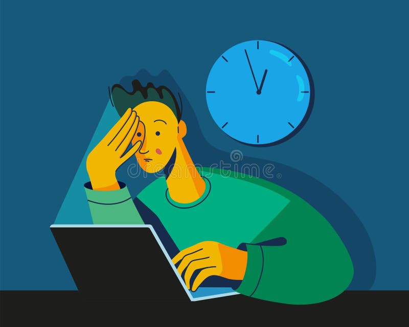 Young Man Working with Laptop at Night. Working Late, Overtime Office ...