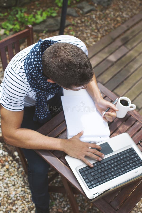 Young Man Working with Laptop in Outdoors. Stock Photo - Image of ...
