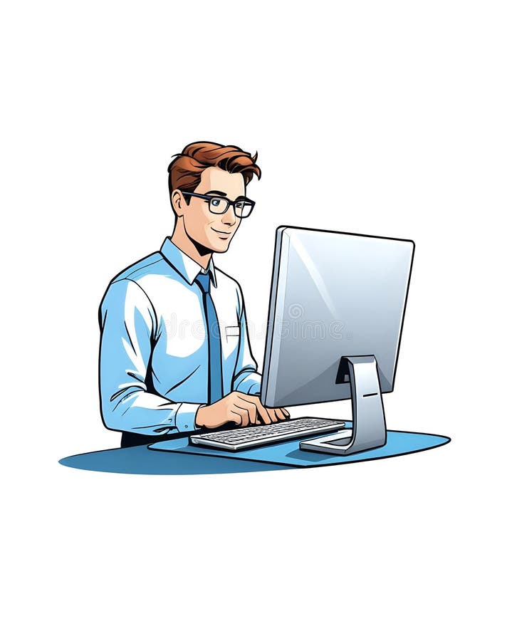 Man Working at Laptop or PC in Cartoon Style Logo Concept Stock ...