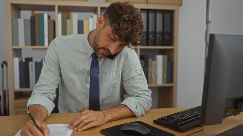 Young Man Working in an Office, Talking on Phone while Writing Notes at ...