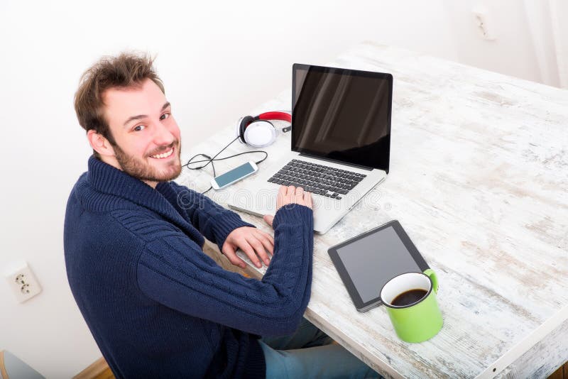 A Young Man Working Online in the Home Office Stock Image - Image of ...