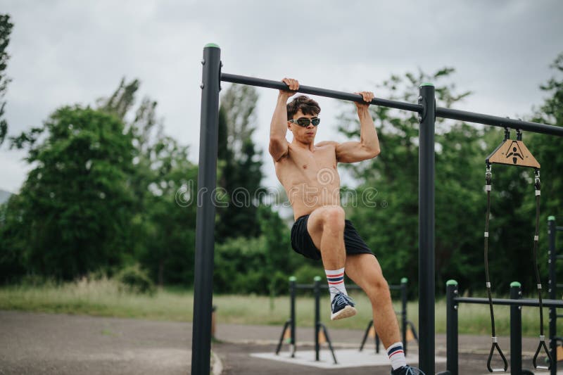 Young Man Working Out on Parallel Bars in Outdoor Park, Performing Pull ...