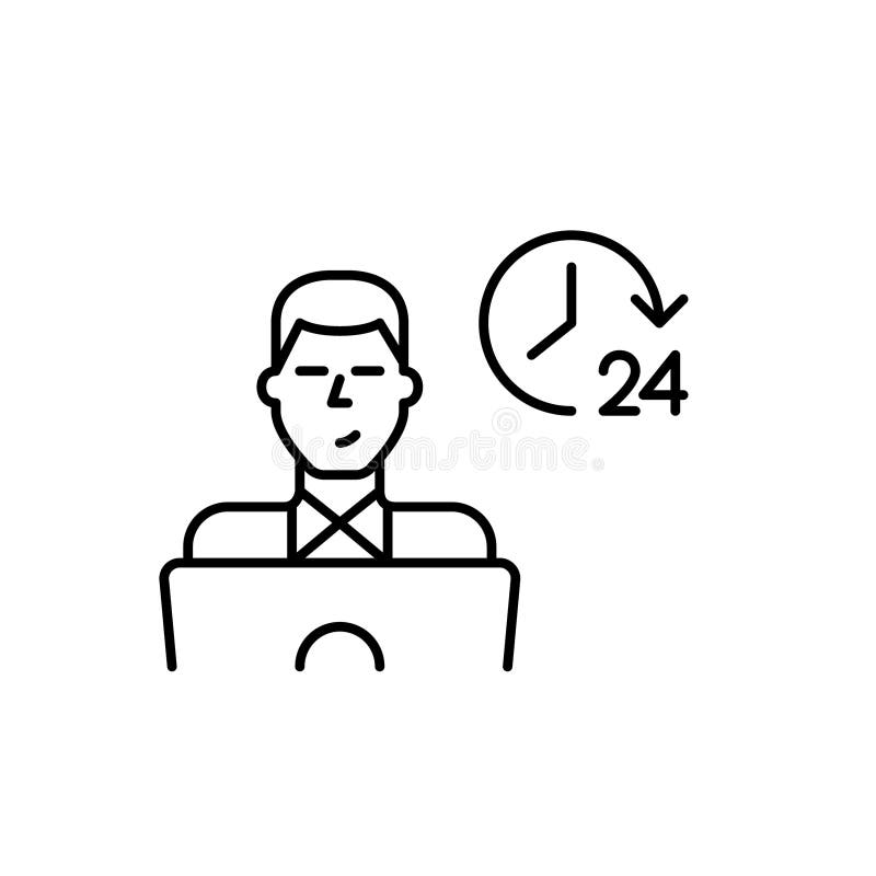 Young Man Working or Studying at Laptop and 24 Clock. All Hours ...