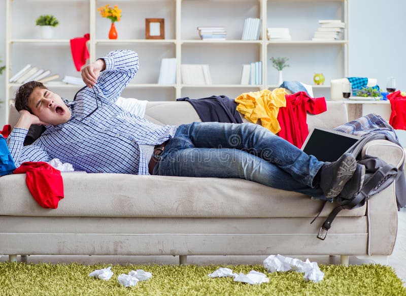 Young Man Working Studying in Messy Room Stock Image - Image of mess ...