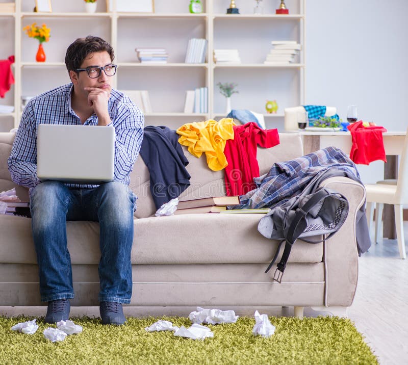 Young Man Working Studying in Messy Room Stock Photo - Image of ...